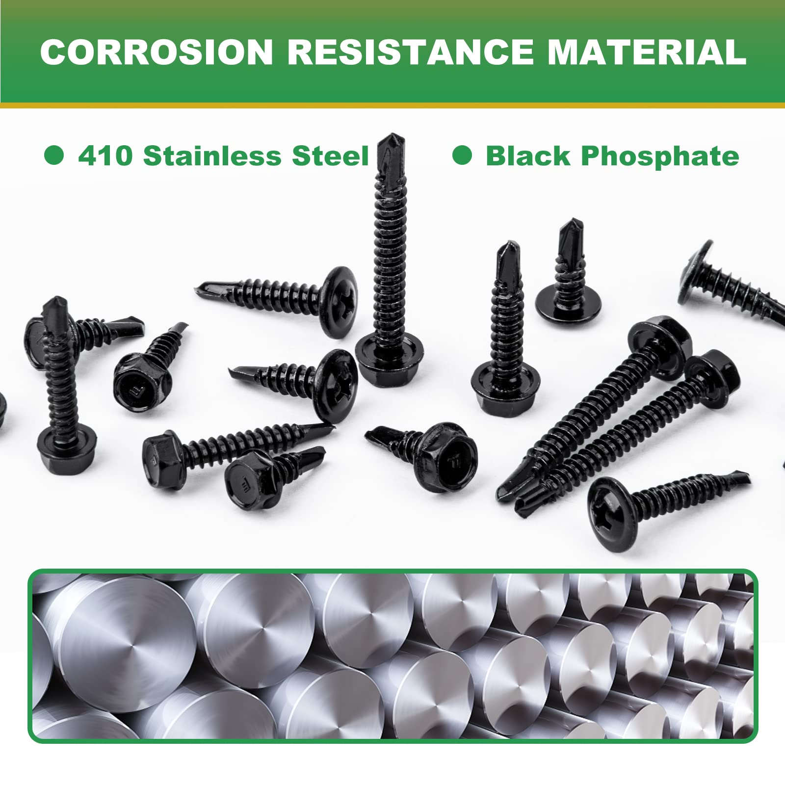 FOLIV 334PCS #8 & #10 Black Self Tapping Screws, 410 Stainless Steel Metal Assorted Screws Assortment Kit, Hex Washer Head & Modified Truss Head Black Oxide Self Drilling, 12 Different Sizes