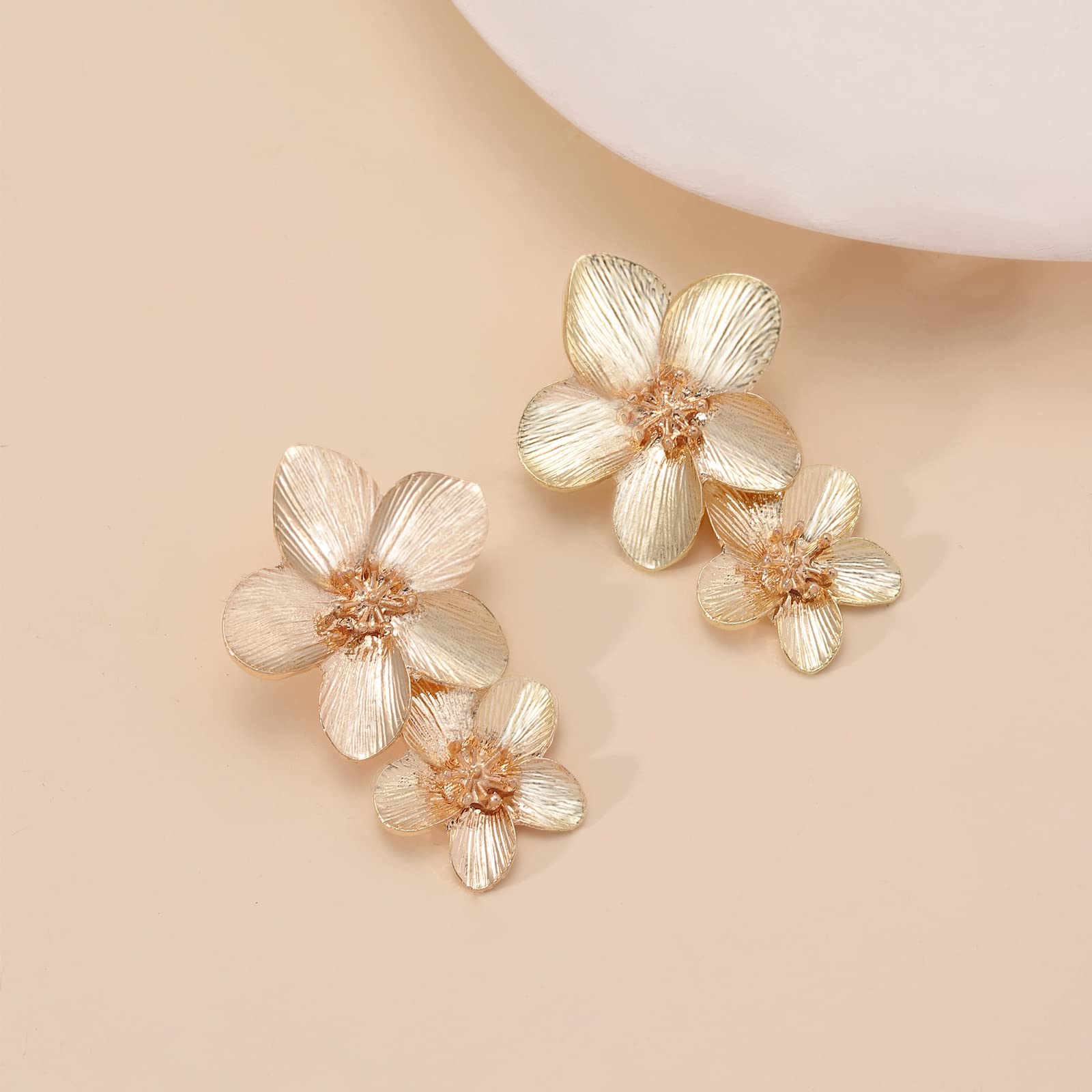 Double Flower Earrings, Gold Dangle Earrings for Women, Flower Statement Earrings for Wedding Party Jewelry