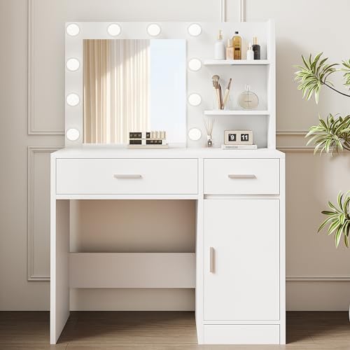 LIVELYGLOW Vanity Desk with Mirror and Lights, Makeup Vanity with Drawer & Storage Shelves, Cabinet, 3 Lighting Modes Adjustable Brightness, Bedroom Dressing Table, White