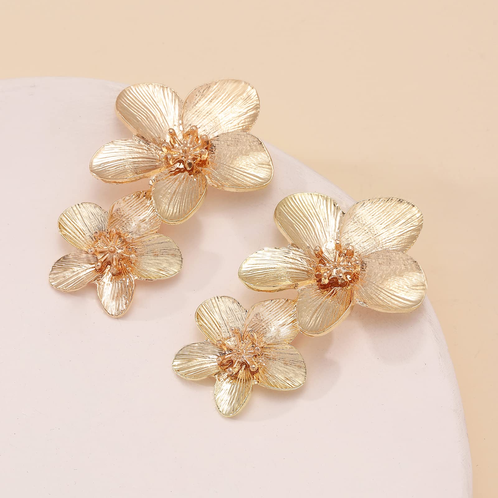 Double Flower Earrings, Gold Dangle Earrings for Women, Flower Statement Earrings for Wedding Party Jewelry