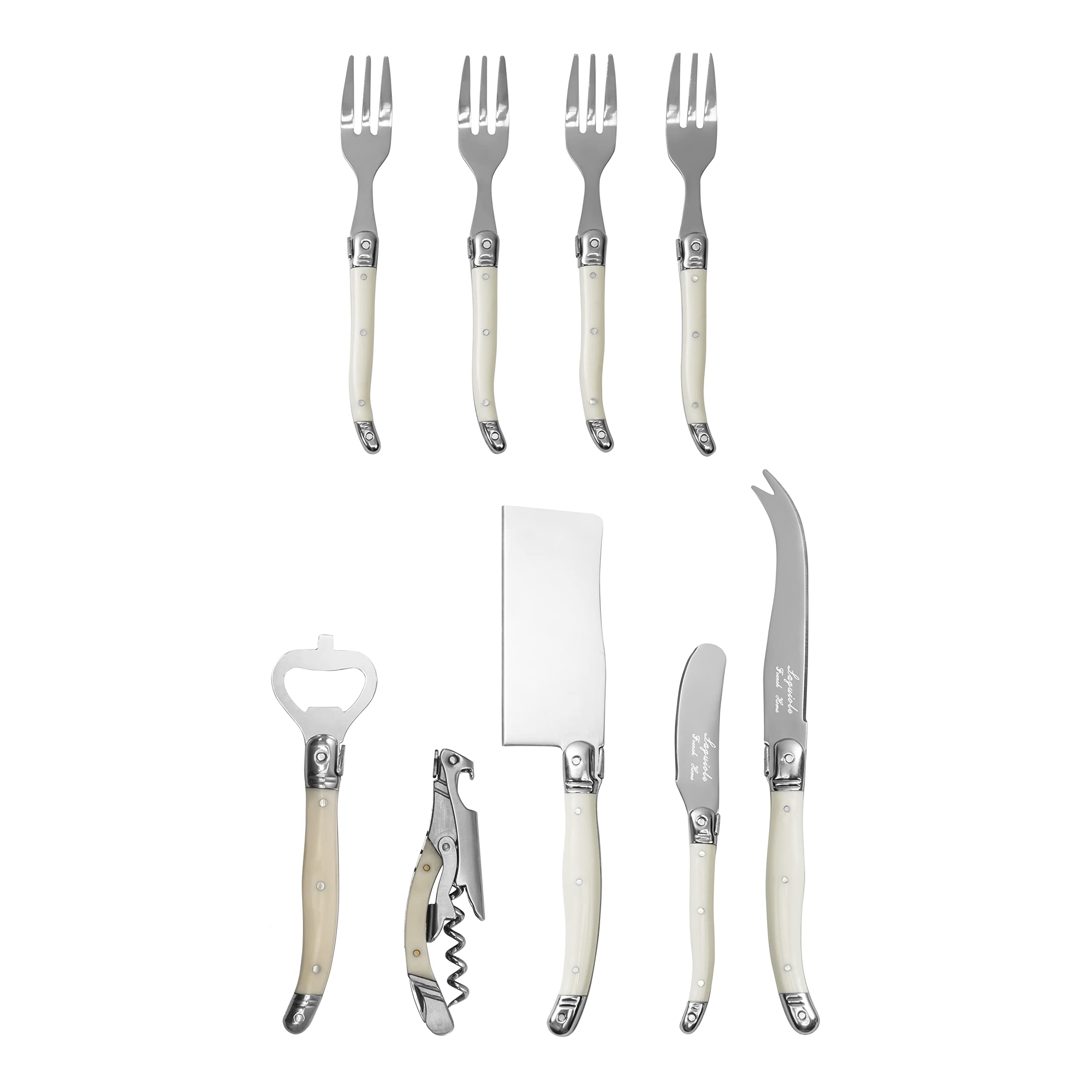 French Home Laguiole Charcuterie Serving Utensils Set of 9 β Kit w/Cleaver, Fork Set, barware & More β Cheese Serving Utensils w/Faux Ivory Handles for Parties