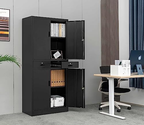 CJF Metal Storage Cabinet with Adjustable Shelves and Drawers, Locking Steel Storage Cabinet for Pantry, Office, Garage, Home, School, Utility (Black)
