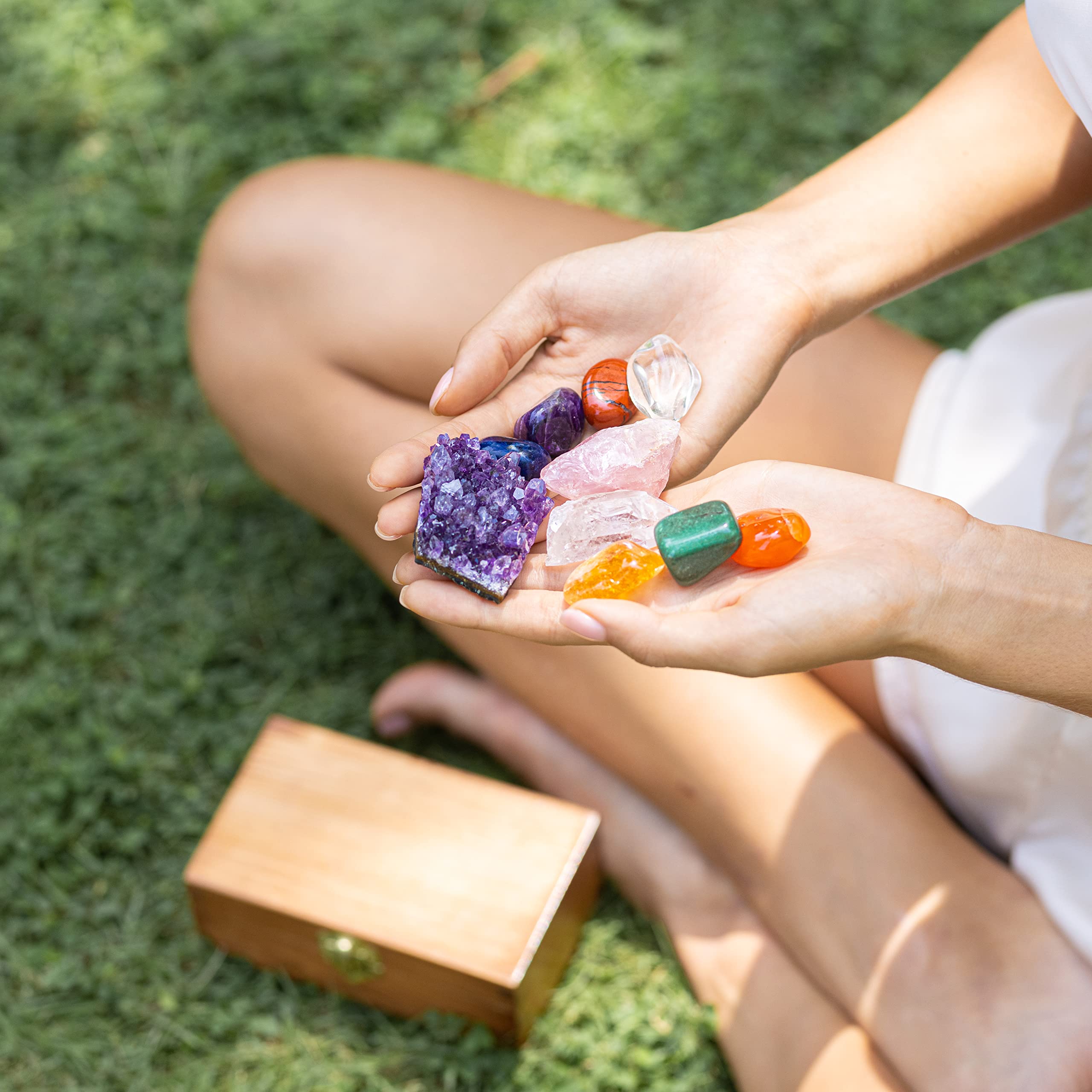 CRYSTALYA Travel Chakra Crystals and Healing Stones in Wooden Gift Box + 50pg EBOOK – 7 Chakra Tumbled Gemstones, Amethyst Crystal, Rose Quartz, Quartz Crystal Point, Stone Guide, Made in U.S.A.
