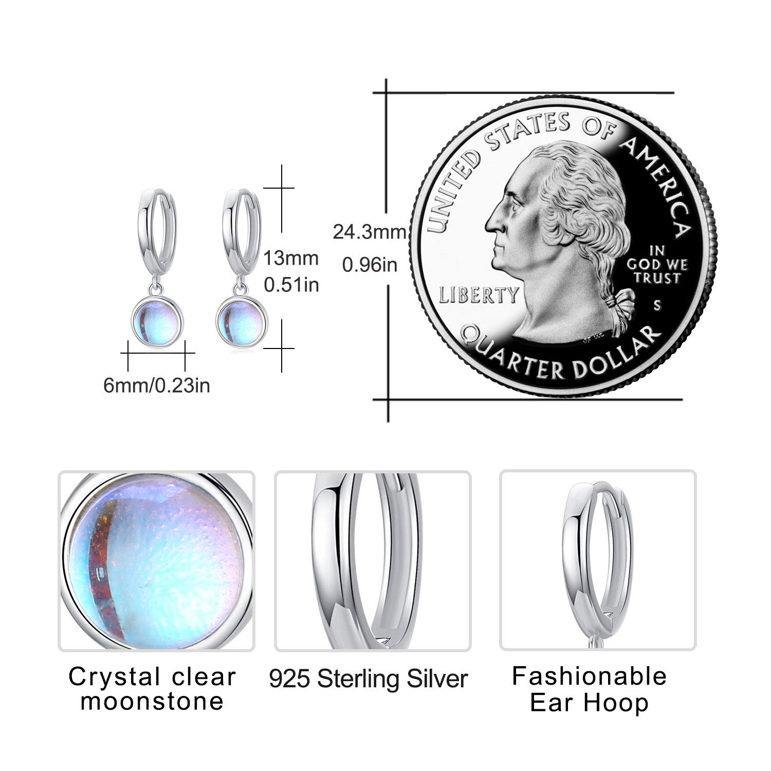Cuoka Round Moonstone Earrings 925 Sterling Silver Small Moonstone Bead Hoop Earrings Rainbow Moonstone Dangle Earrings Jewelry for Women Mom