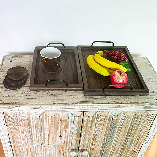 Juleduo Rustic Wooden Serving Trays with Handle-Set of 2-Decorative Nesting Food Board Platters 4 Coasters,for Breakfast Kitchen Ottoman Coffee Table