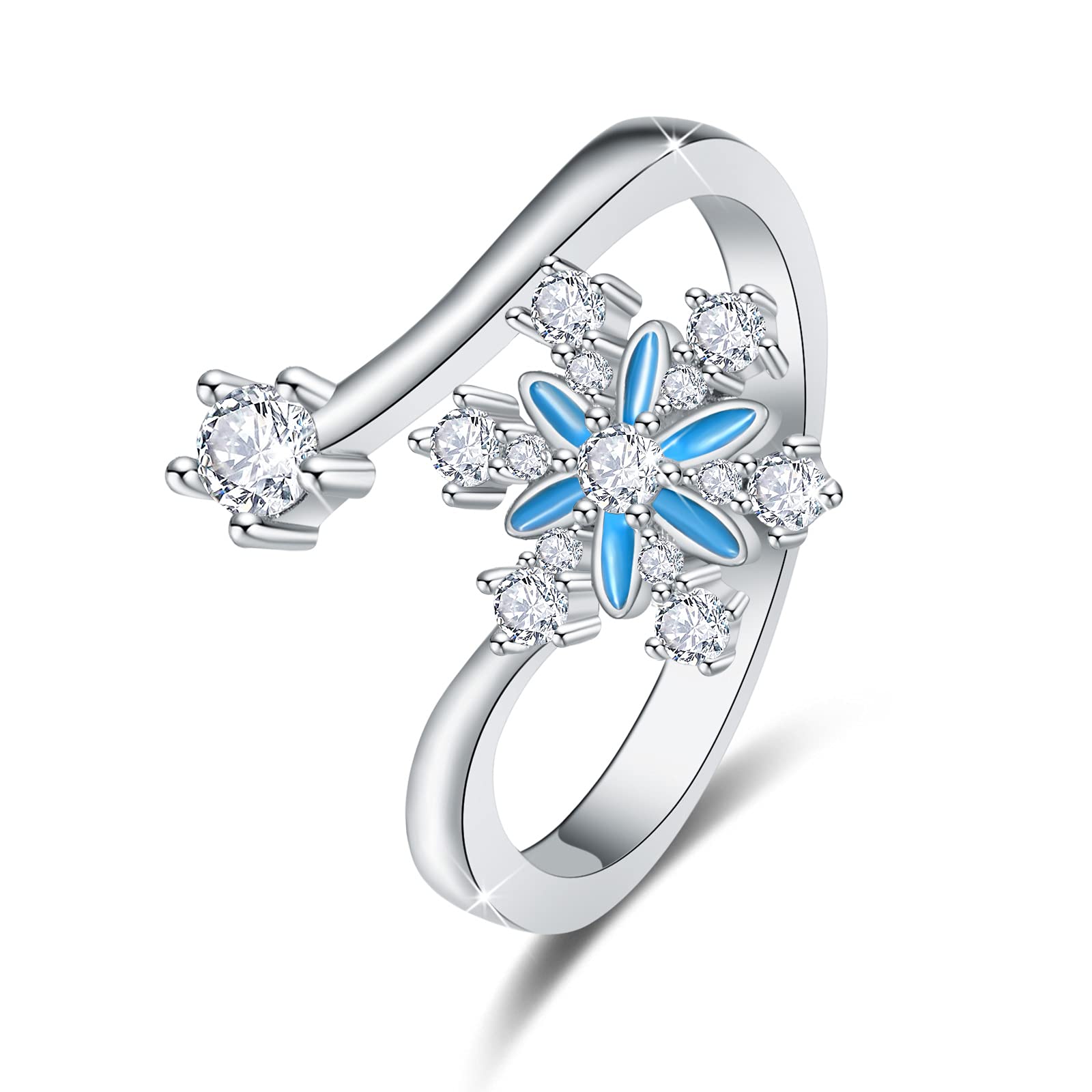 Cuoka Snowflake Ring, 925 Sterling Silver Snowflake Ring Open Statement Adjustable Rings Minimalist Ring Snowflake Jewelry Gifts for Women