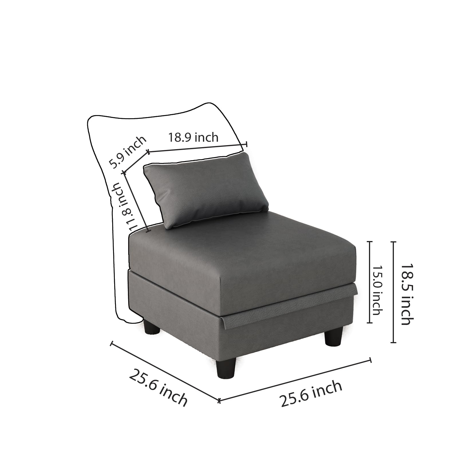 LLappuil Modular Sectional Storage Couch Ottoman Seats,Waterproof Faux Leather Sofa Chair Modules, Dark Grey