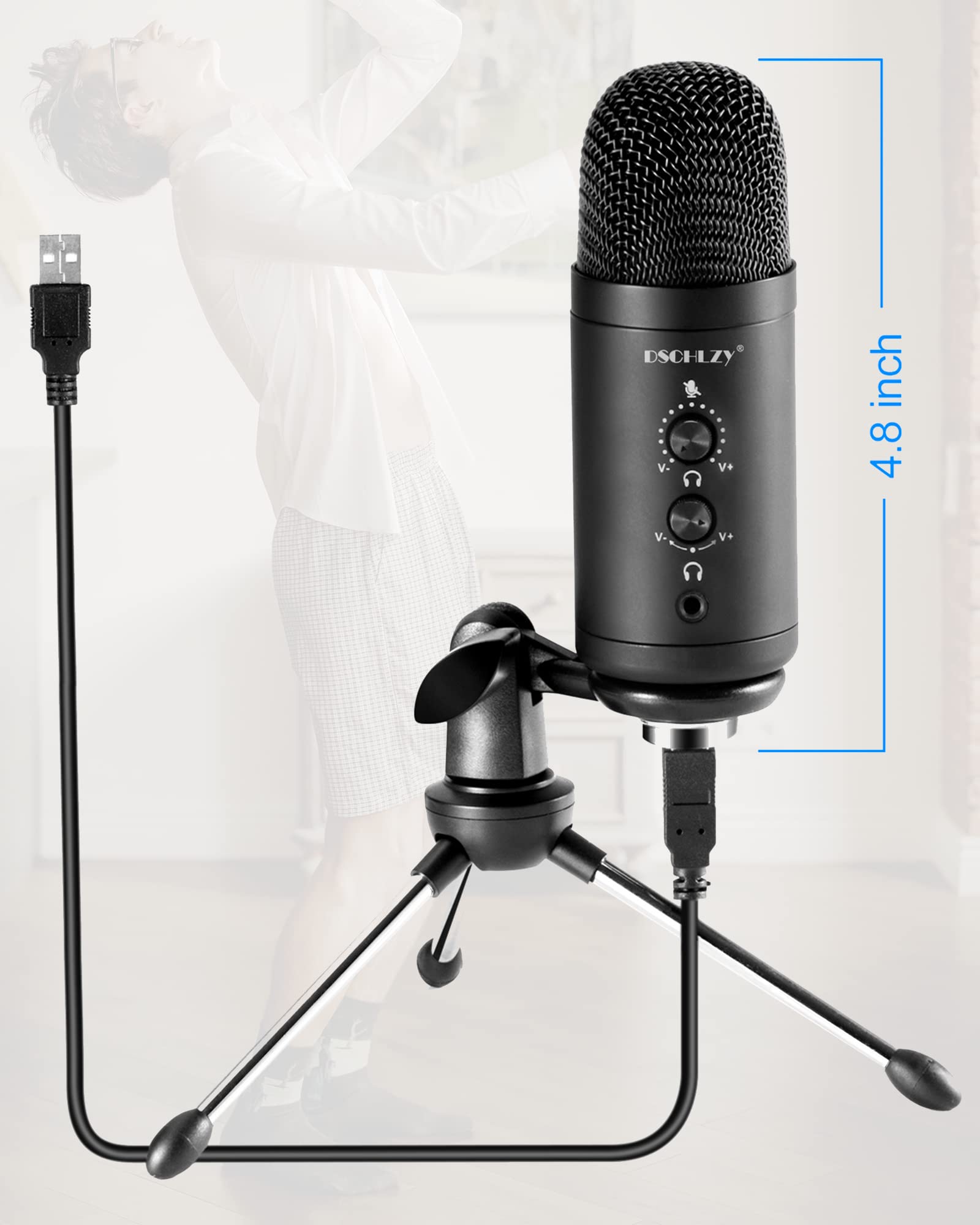 DSCHLZY USB Streaming Podcast PC Microphone - Professional Studio Vocal Recording Computer Cardioid Condenser Mic with Tripod Stand for Singing Skype Voice YouTube Discord Twitch Podcasts Videos