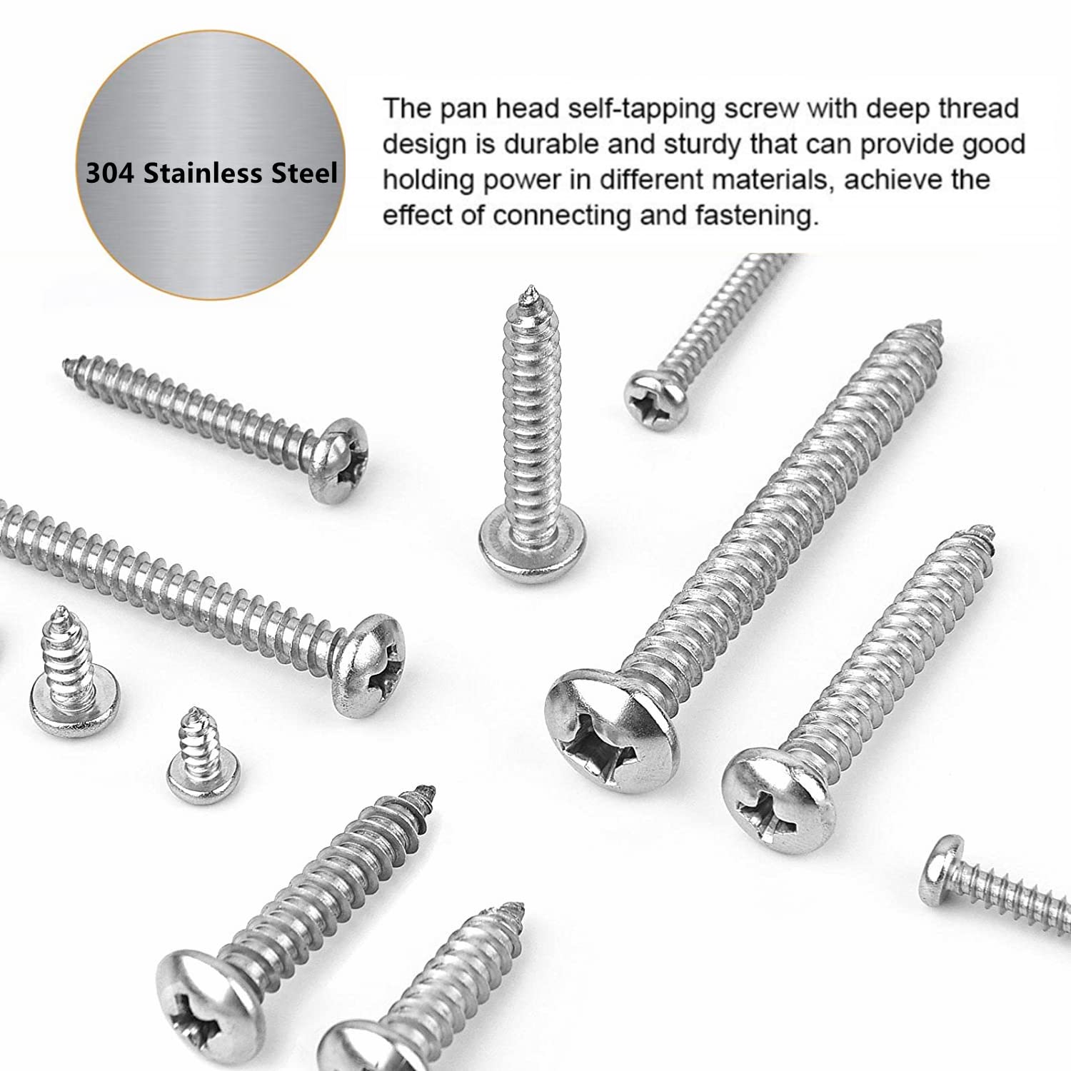 Guard4U 140Pcs #10 x 3/8", 1/2", 5/8", 3/4", 1", 1-1/4", 1-1/2", 1-5/8", 1-3/4" 304-Stainless Steel Phillips Round Pan Head Self-Tapping Drilling Screws, M4.8 Wood Screws Assortment Kit