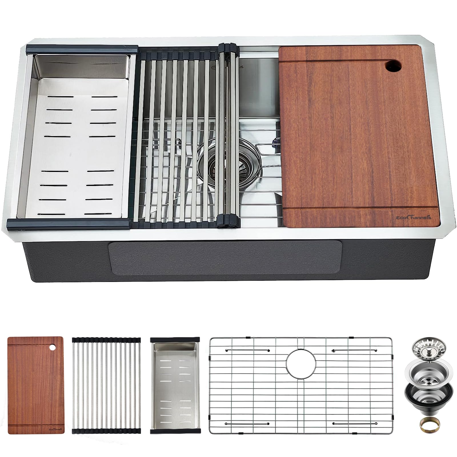 EcoChannels Undermount Kitchen Sink, 33 x 19 Inch Sink Kitchen 16 Gauge Stainless Steel Kitchen Sinks Single Bowl Workstation Sink with Cutting Board