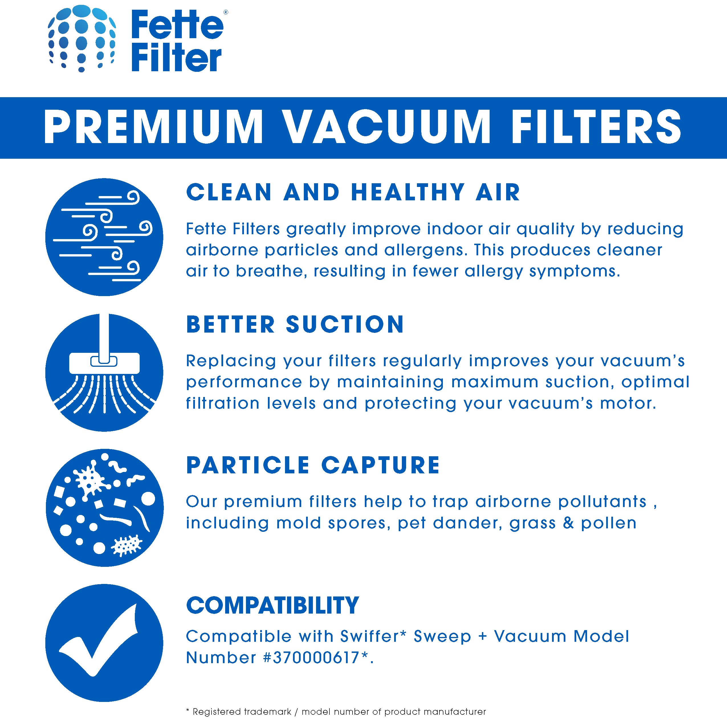 Fette Filter - Vacuum Replacement Filters Compatible with Swiffer Sweep and Vac. Compare to Part #99196 (Pack of 4)