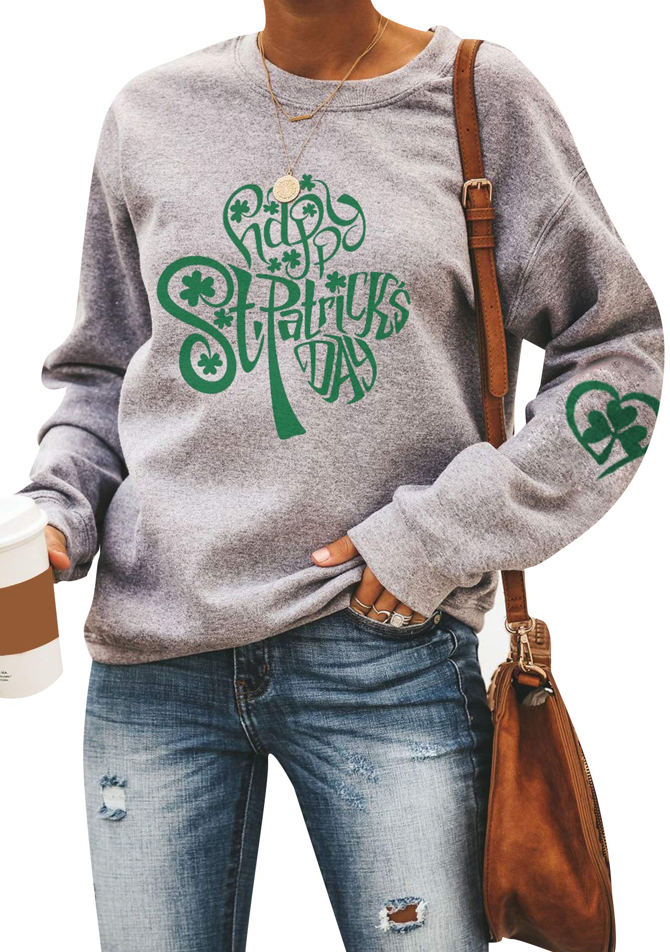 EFOFEI Women's Clover Leaf Sweatshirts Graphic Funny Long Sleeve St Patricks Day Sweater Grey Tree 2XL