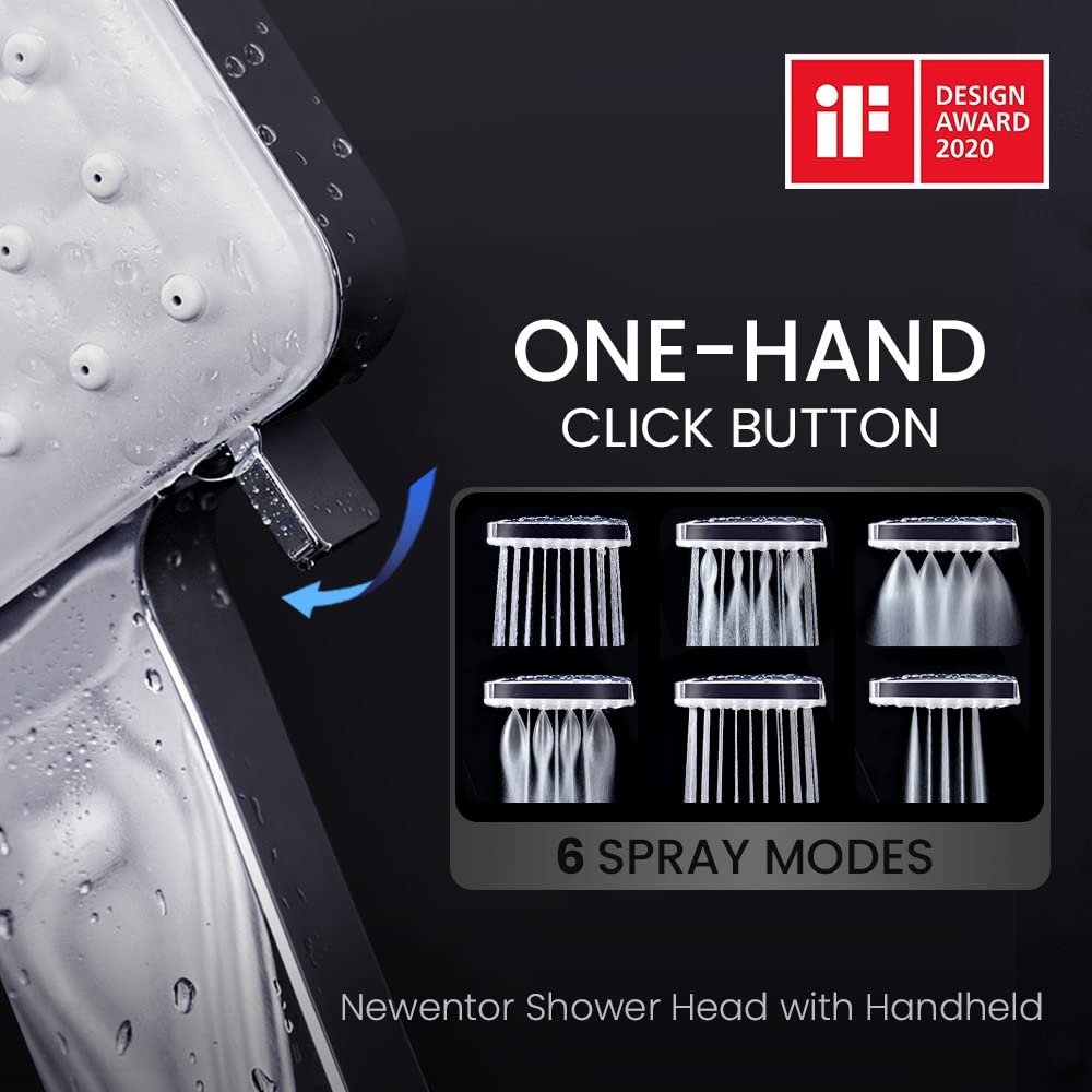 High Pressure Shower Head with Handheld Newentor Shower Head with 6 Spray Settings, Adjustable Detachable Universal Handheld Shower Head Replacement for Adults Children Pets Use, Chrome(No Hose)