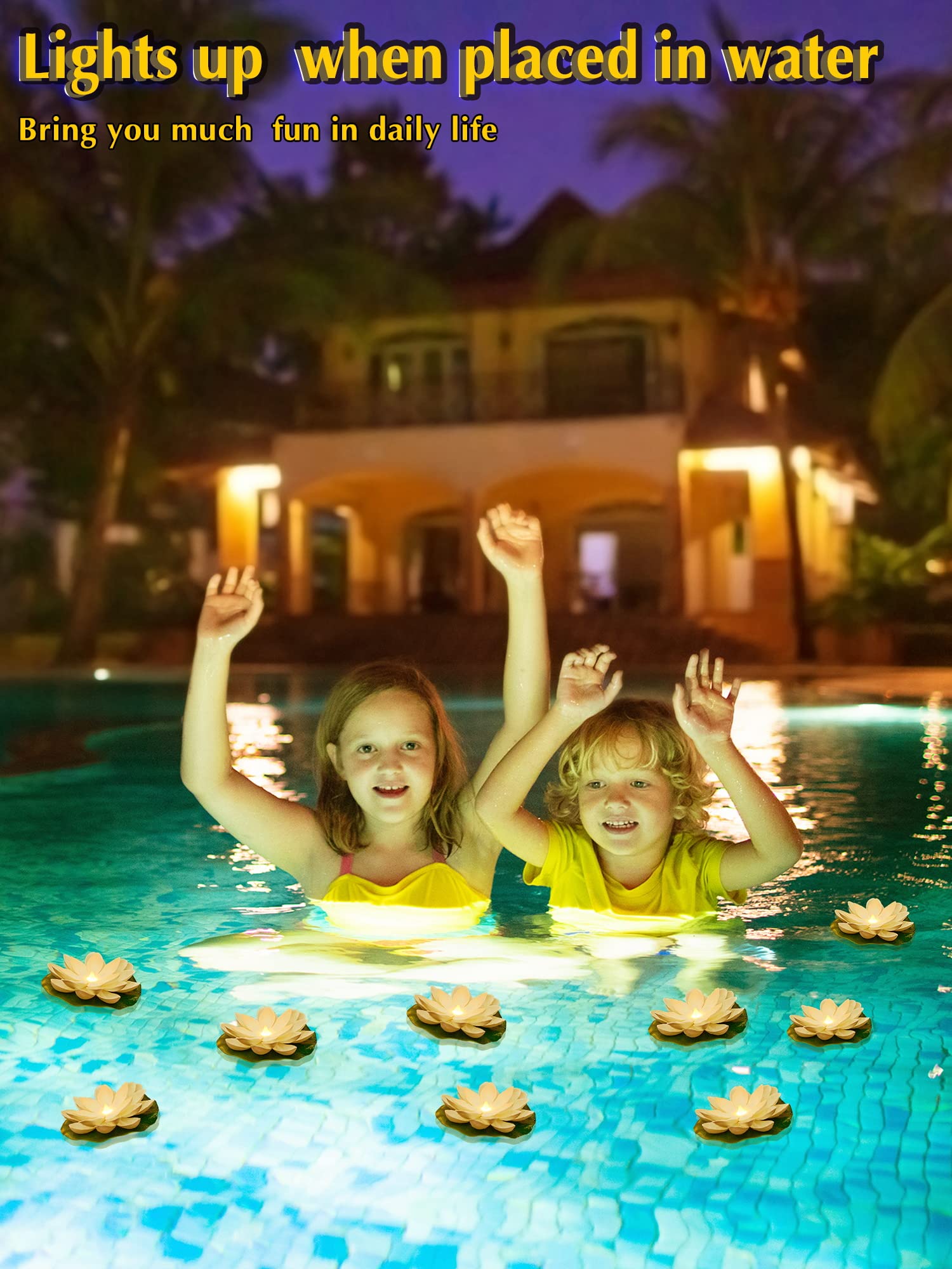 Hortsun 9 Pack Floating Pool Lights Lotus Flower Lantern Artificial Foam LED Lifelike Pool Lights Battery Operated Pool Lantern Pond Decoration(White, Yellow Light, 3.94 Inch)