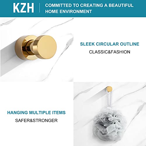 KZH Gold Robe Hook Brass Robe Hook Bathroom Robe Hook Coat Hook Clothes Hook for Bathroom and Kitchen,Garage,Hotel Wall Mounted,5 Packing (Gold)
