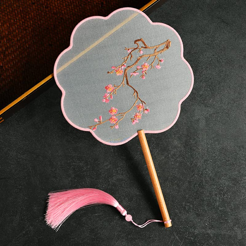 DTBBKsy Chinese Style Classical Ancientry Long Handle Double Sided Embroidery Machine Embroidery Circular Fan Han Chinese Clothing Hand Fan Folding Fan (Color : A)