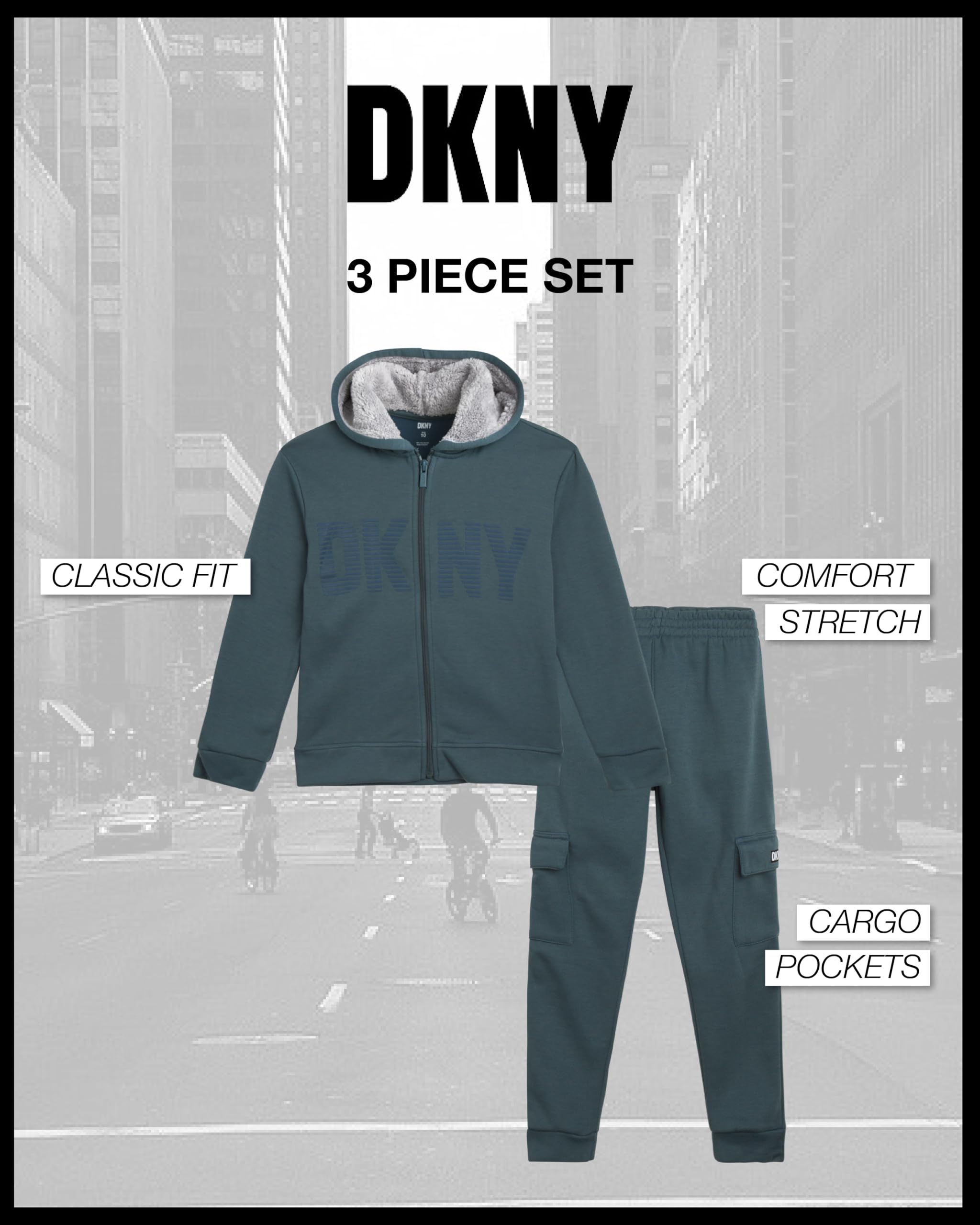 DKNY Boys' Sweatsuit Set - 2 Piece Fleece Sweatshirt and Jogger Sweatpants (Size: 4-12), Size 5, Red/Navy/Grey Colorblock