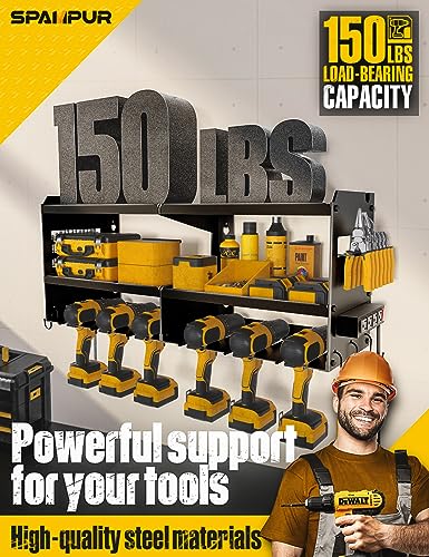 Power Tool Organizer Wall Mount with Charging Station, Garage Tool Shelf 6 Drill Holders, Tool Battery Holder with Screwdriver Heavy Duty Rack, Tool Storage Rack with 4 Outlet Power Strip