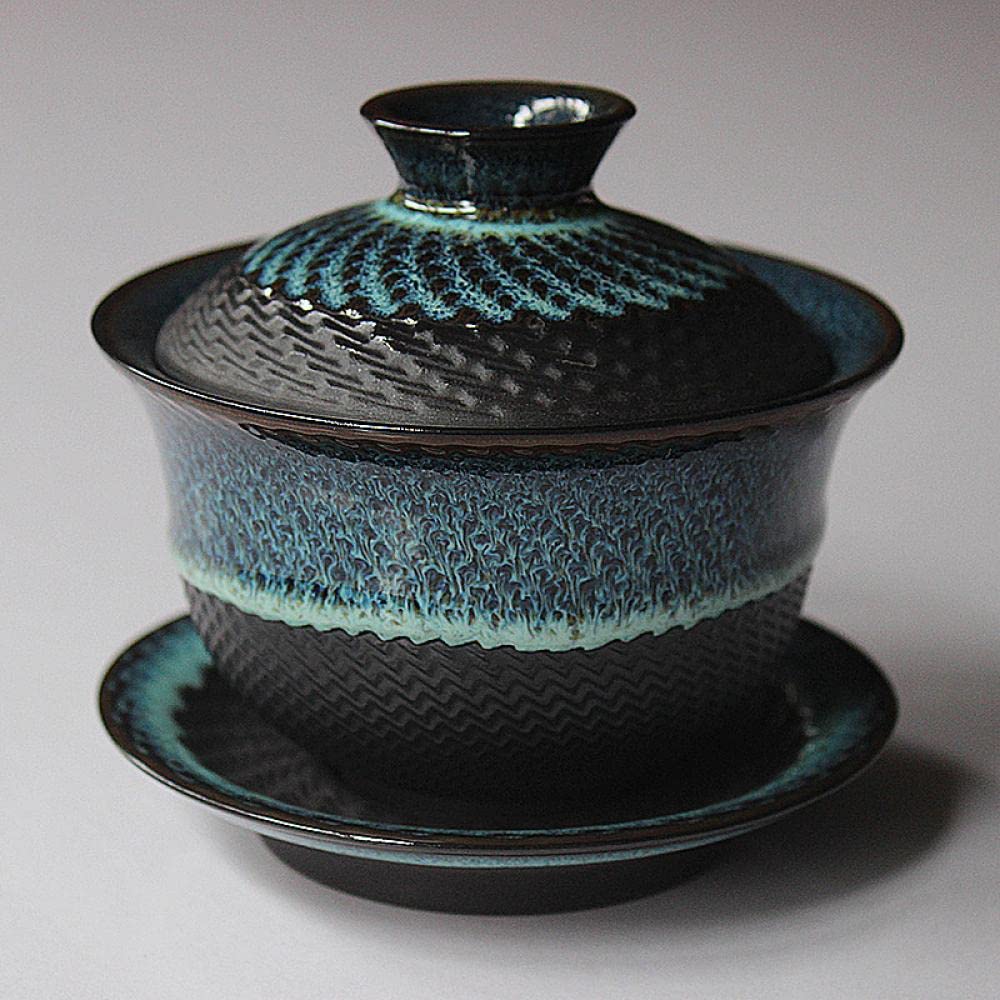 Gaolinci Kiln Glazed Ceramic Jianzhan Teacup Kung Fu Tea Cup and Saucer with Lid. 5 Oz Sancai Gaiwan