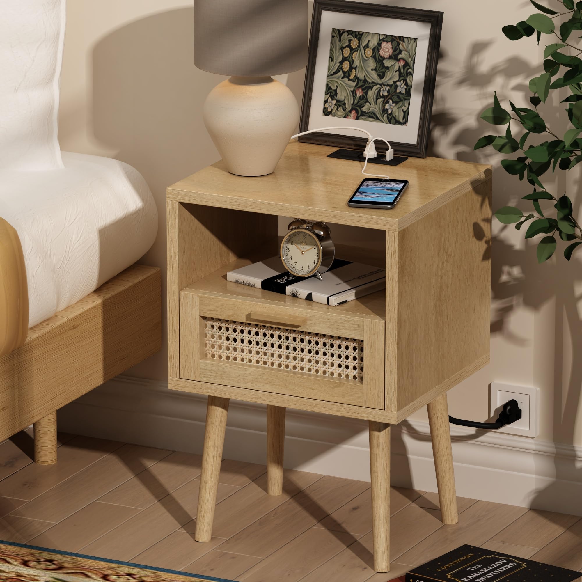 ChooChoo Rattan Nightstand with Charging Station, Boho Bedside Table with Drawer, Wood Accent End Side Table for Bedroom, Living Room and Small Spaces, Natural