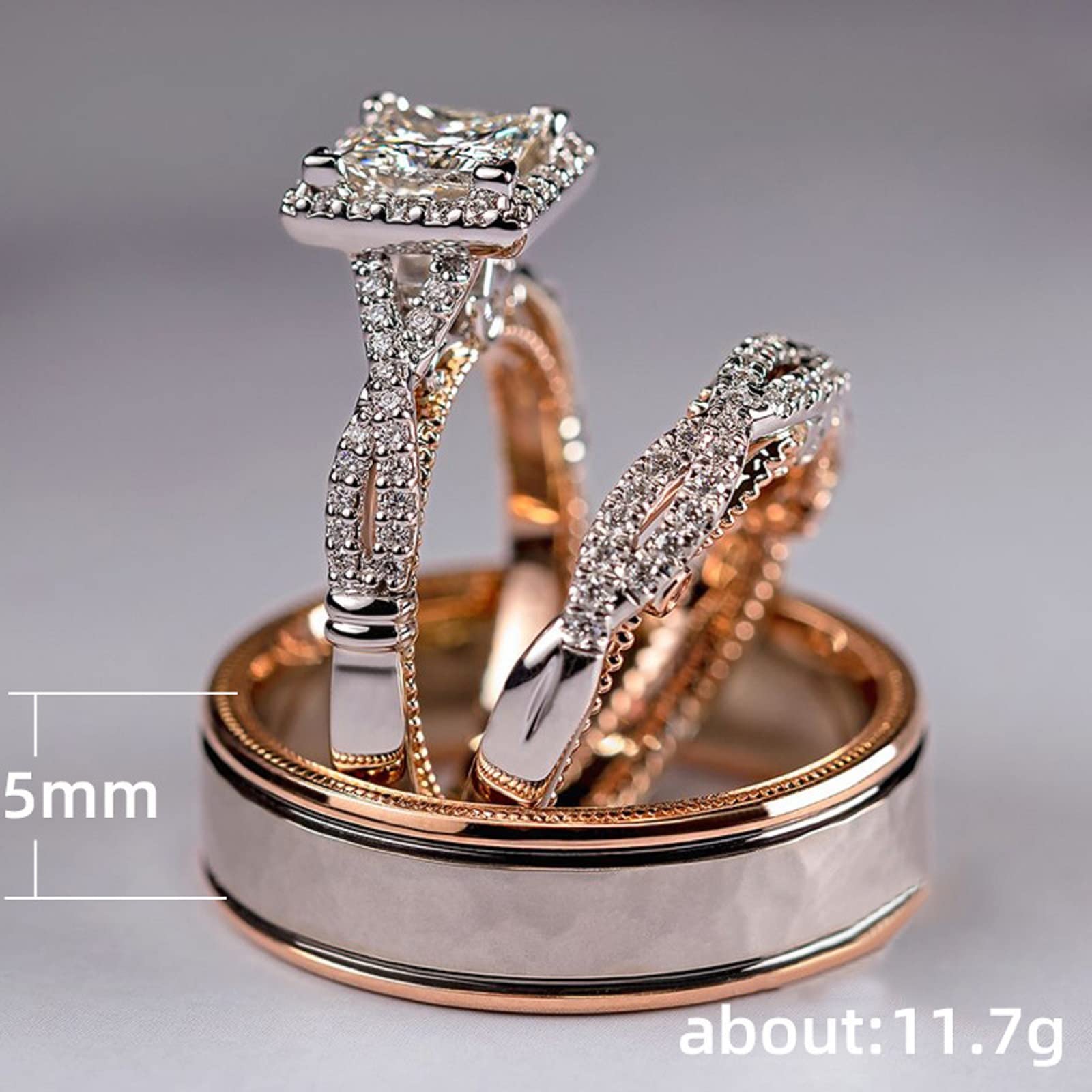 Engagement rings for couples set,3 pc His and Her Wedding Ring Set, Hypoallergenic Rose Gold Ring Set, Cubic Zirconia Bride Promise Rings Set,size 6-10 (9)