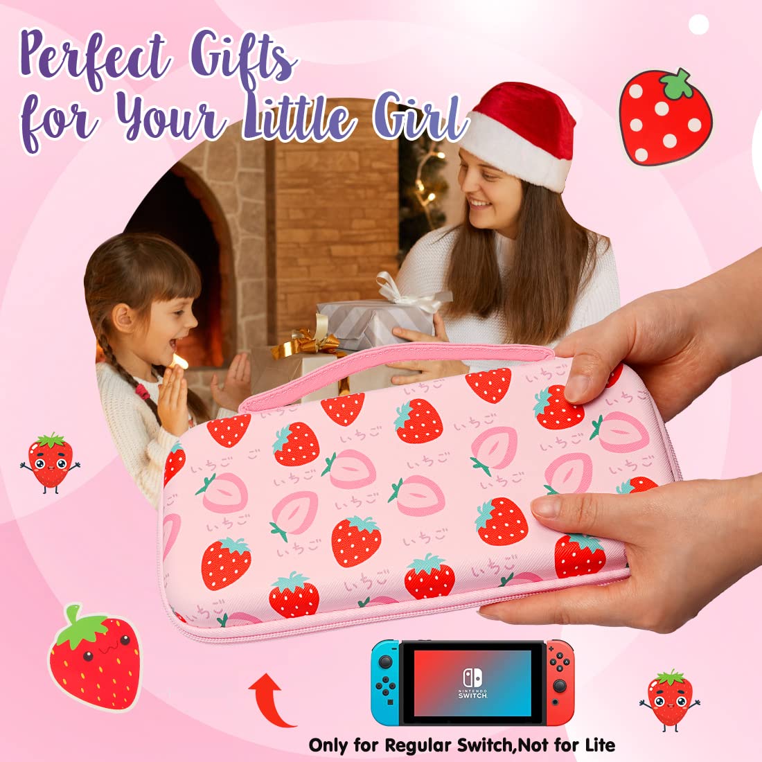 Cute Strawberry Carrying Case Compatible with Nintendo Switch (NOT OLED or Lite) with Dockable Protective Cover+ Tempered Screen Protector +Stickers+ Thumb Grip Caps, Pink Accessories Bundle for Girls