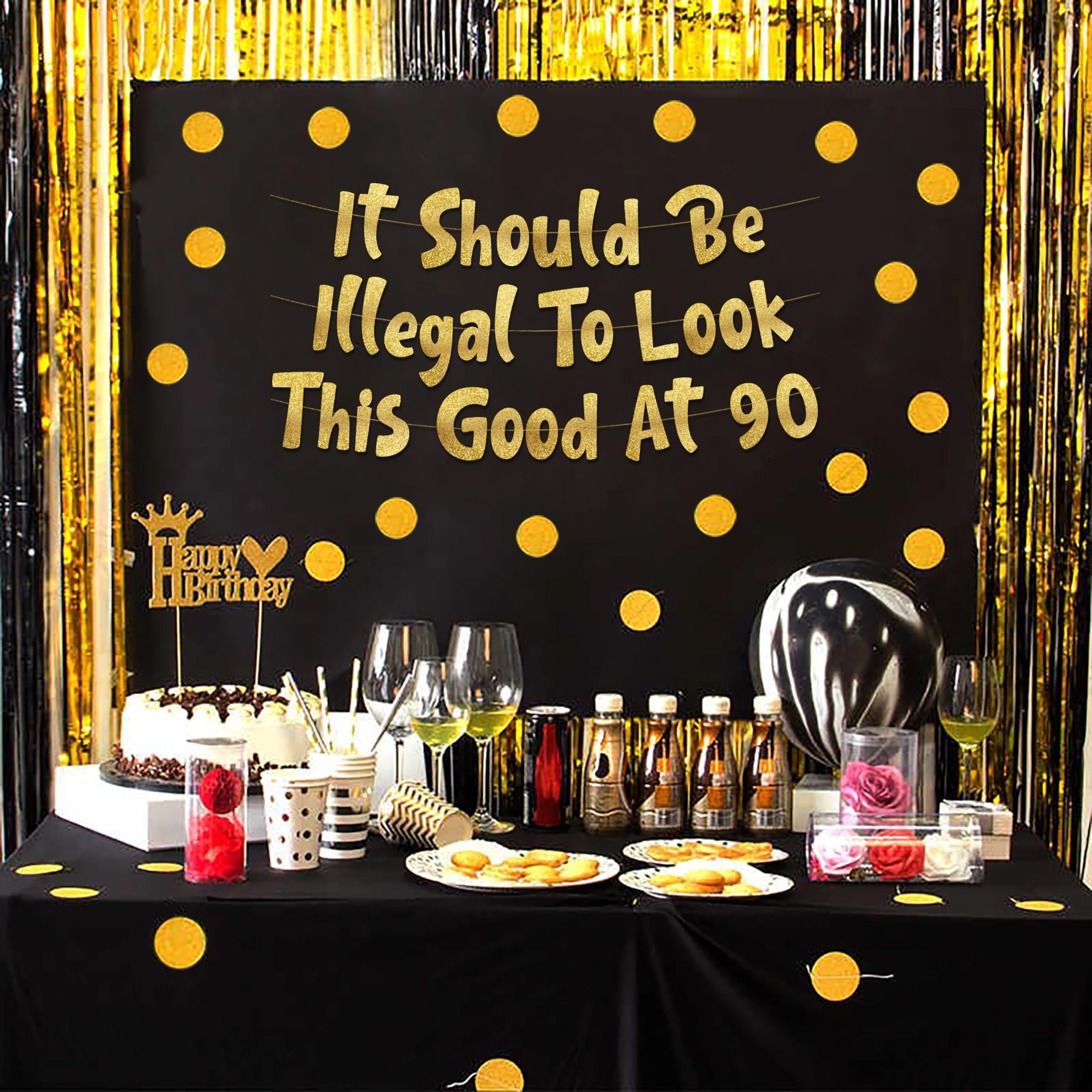 It Should Be Illegal To Look This Good At 90 Gold Glitter Banner - Happy 90th Birthday Party Decorations, Supplies, Ideas and Gifts