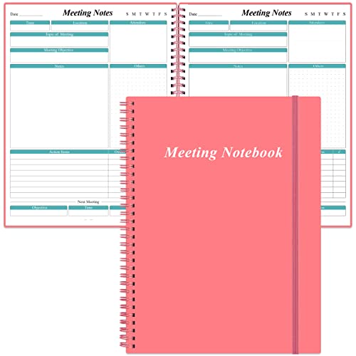 Meeting Notebook for Work with Action Items - A4 Spiral Project Planner Notebook for Note Taking, Office/ Business Meeting Notes Agenda Organizer for Men & Women, 80Sheets / 160 Pages, 8.5" x 11", Pink