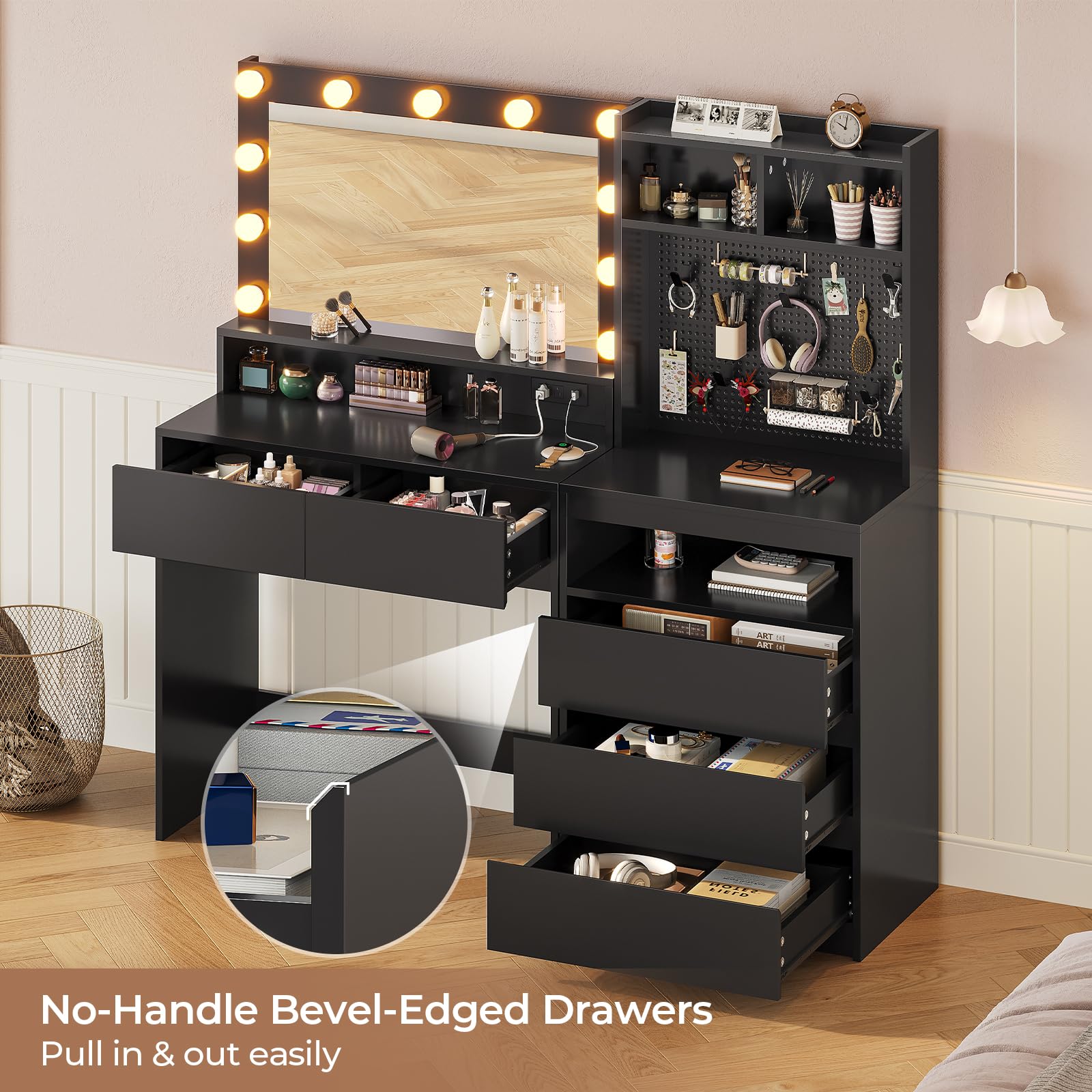 HAUOMS Vanity Desk Dresser Combo, Makeup Vanity with Mirror and LED Light & Power Outlet, Vanity Table with 5 Drawers, DIY Pegboard Included, 3 Light Settings, Modern White