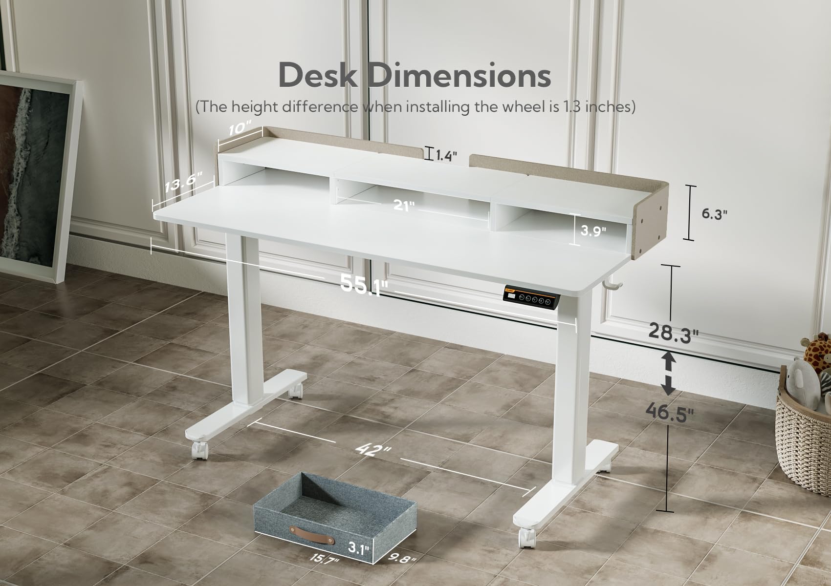 Claiks Standing Desk with Drawers, Stand Up Electric Standing Desk Adjustable Height, Sit Stand Desk with Storage Shelf and Splice Board, 55 Inch, White