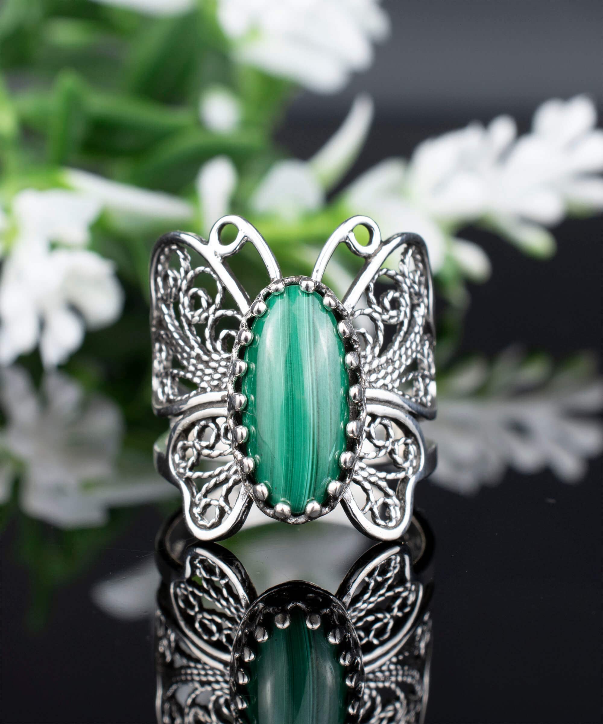 Filigranist Sterling Silver Filigree Art Butterfly Women Cocktail Ring with Gemstones (Malachite, 9)