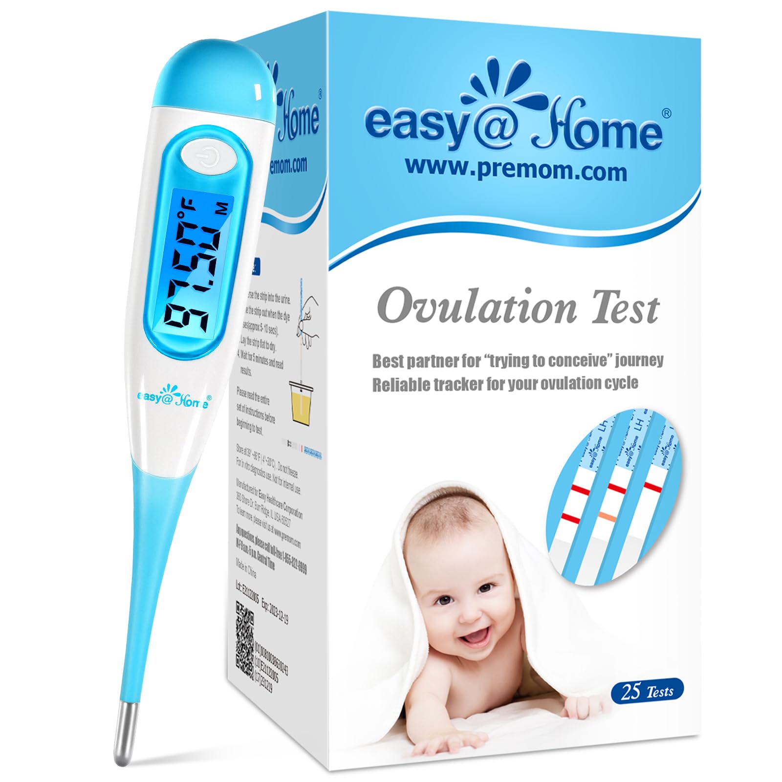 Easy@Home Ovulation Test Strips, 25 Pack + Digital Basal Thermometer with Blue Backlight LCD Display