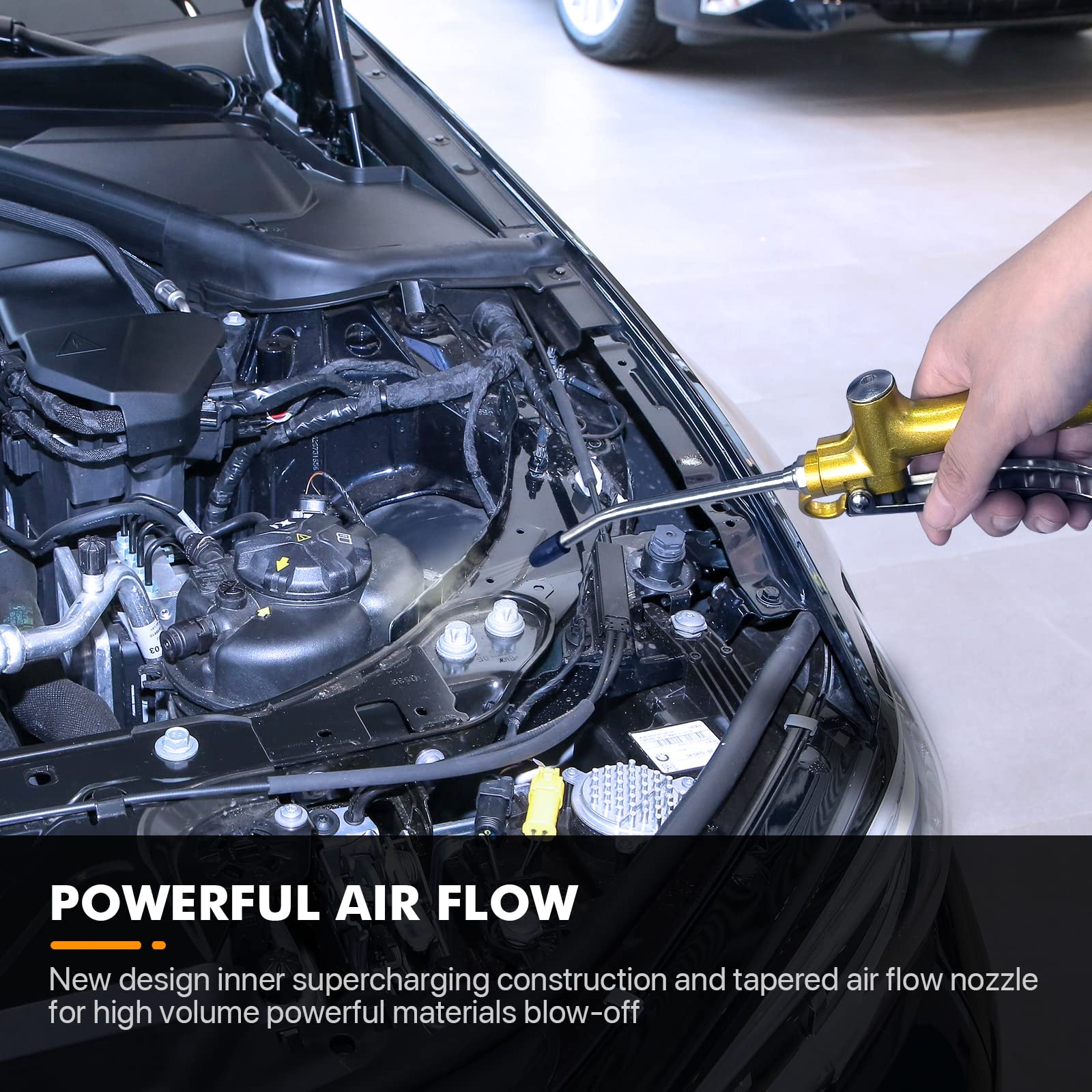 High Volume Industrial Air Blow Gun with Rubber Guard Air Flow Nozzle, Professional Gold Paint Metal Air Blower Gun, Pneumatic Dust Cleaning Tool for Air Compressor Accessories