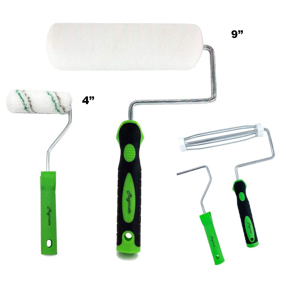 Magimate Paint Roller Kit with Tray Large Paint Roller Small Stain Roller and Brush Assorted for Painting Walls Decks Houses, Roller Handle Threaded Extendable Rollers Set 9 Inch -12PK