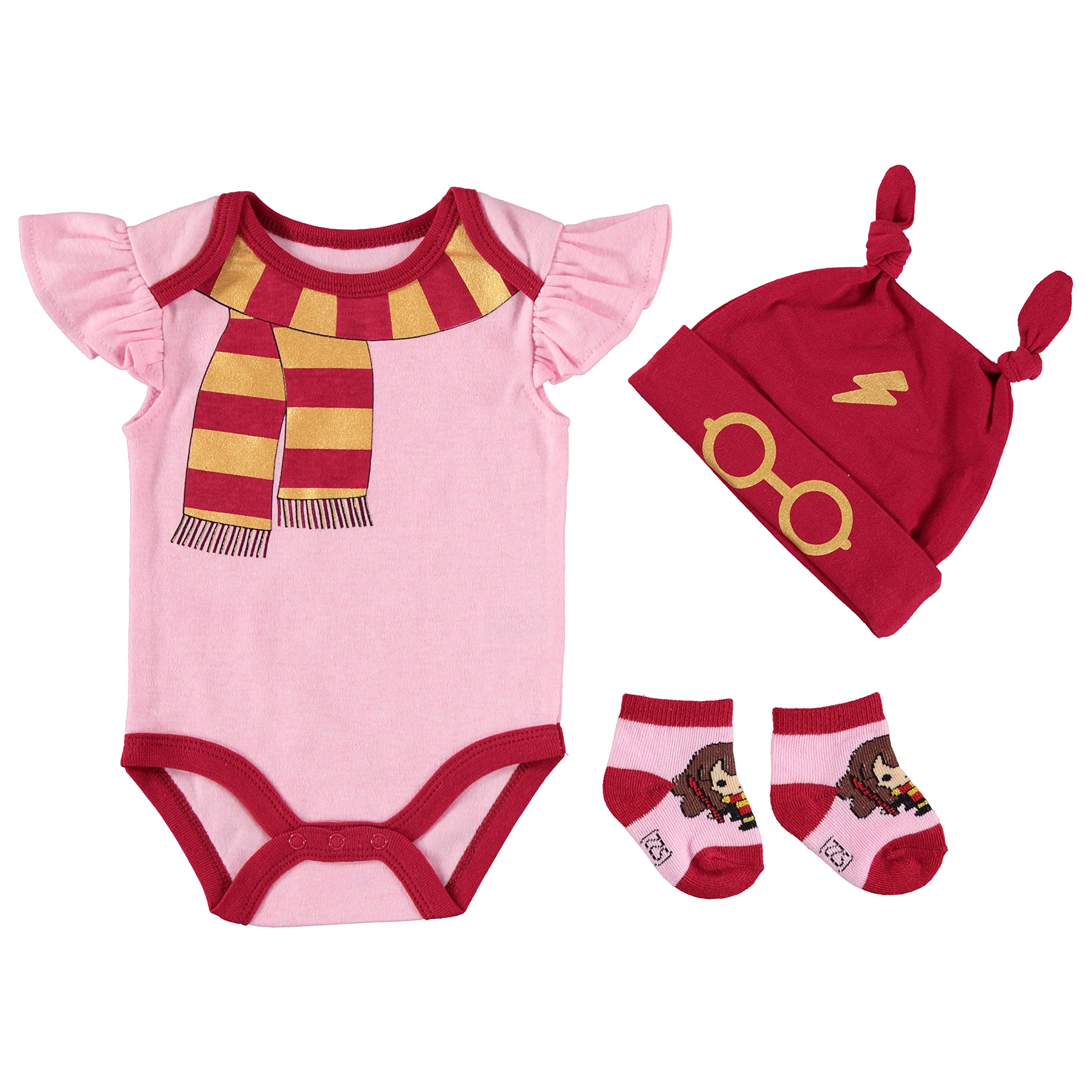 Harry Potter Baby Girls' Bodysuit, Knotted Cap & Socks Gift Set (Pink/Red/Yellow, 3-6 Months)