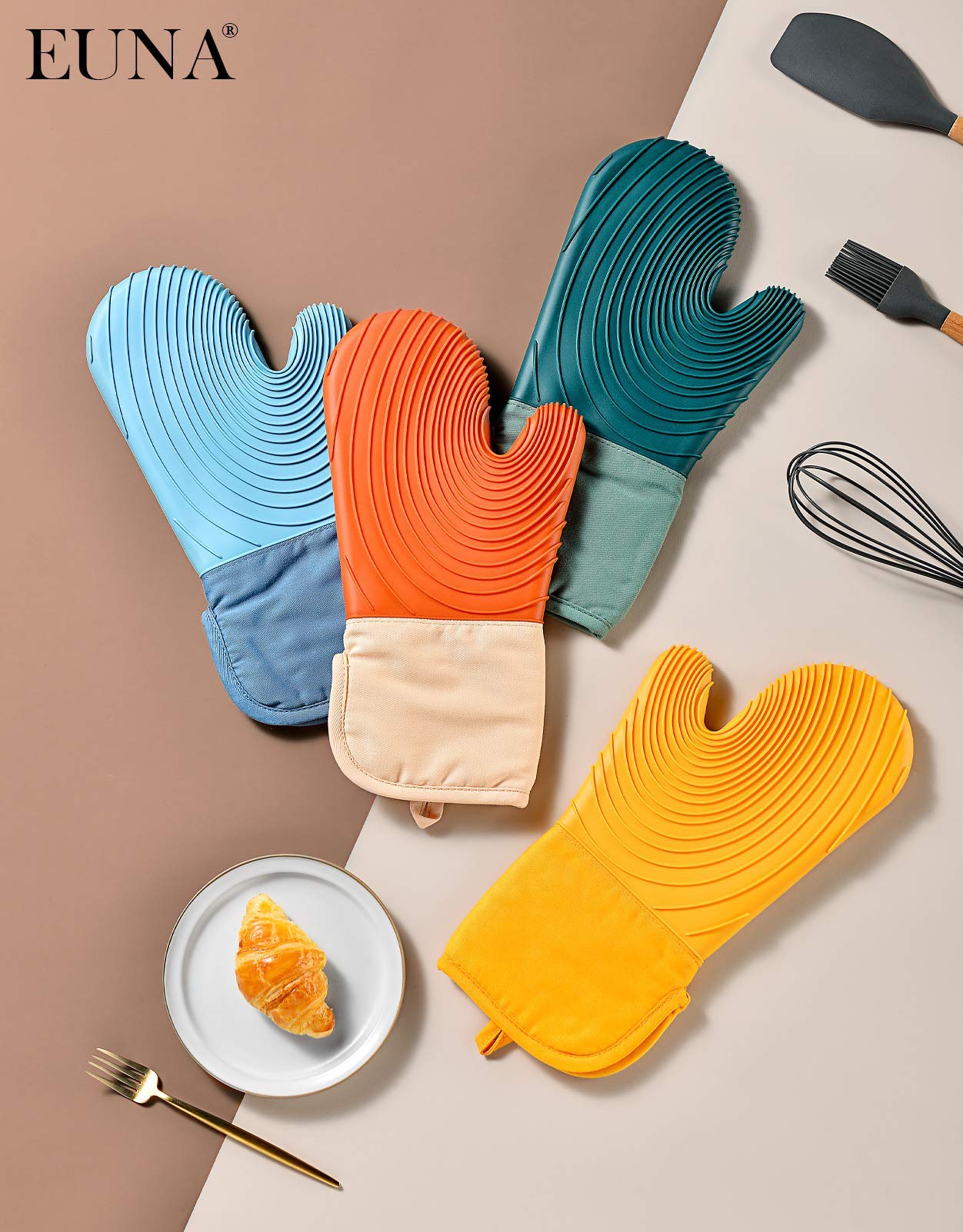 EUNA Silicone Oven Mitts, Heat Resistant Oven Mitts and Pot Holders Sets, Non-Slip Kitchen Mittens with Mini Oven Gloves and Hot Pads, Perfect for Baking Cooking, Quilted Liner, Gift Box, Blue & Azure