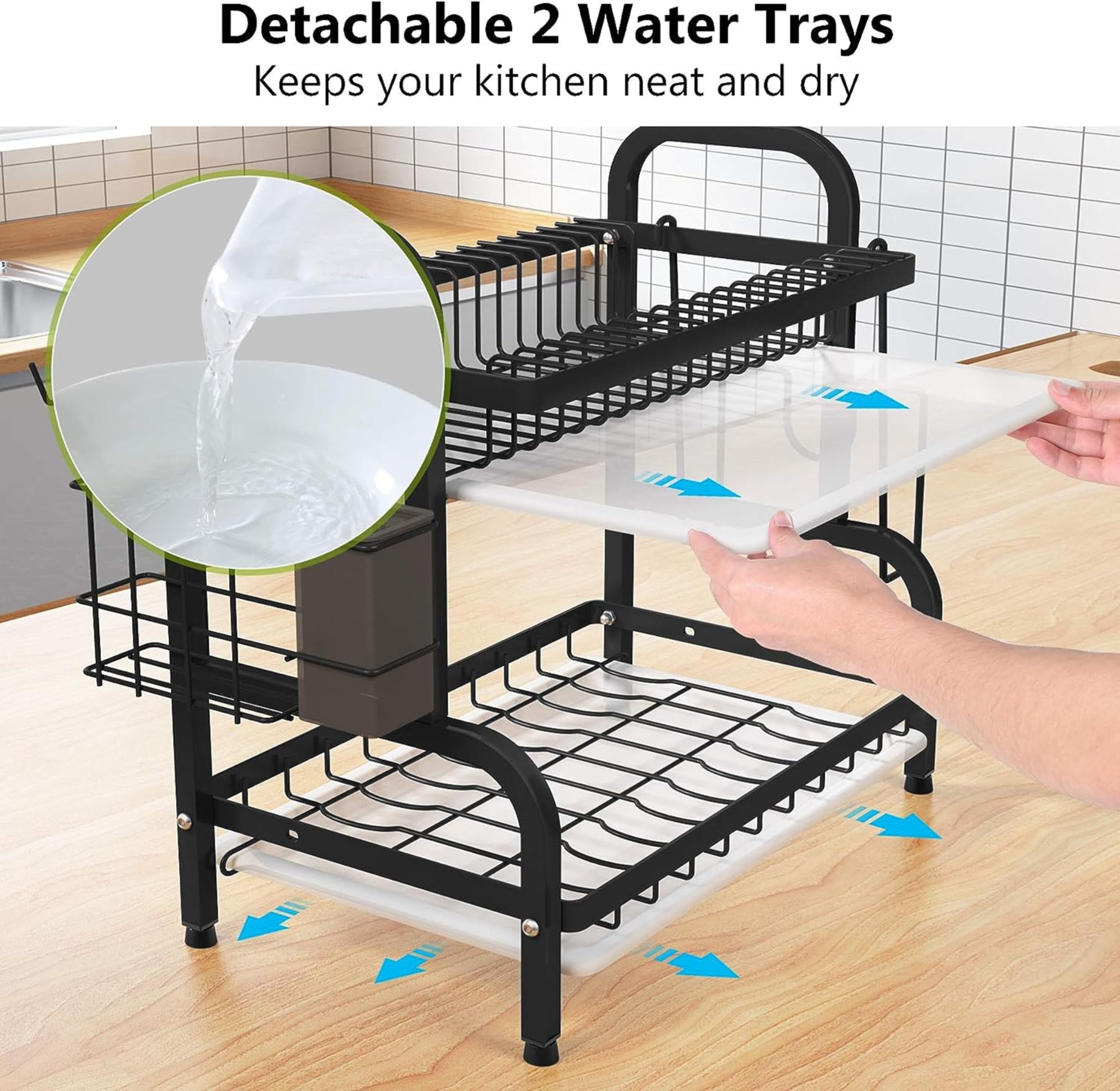 Dish Drainer, 2 Tier Stainless Steel Dish Drying Rack, Utensil Holder, Cutting Board Holder, Rust Proof Large Dish Drainer for Kitchen Counter, with Plastic Trays to Catch Drained Water