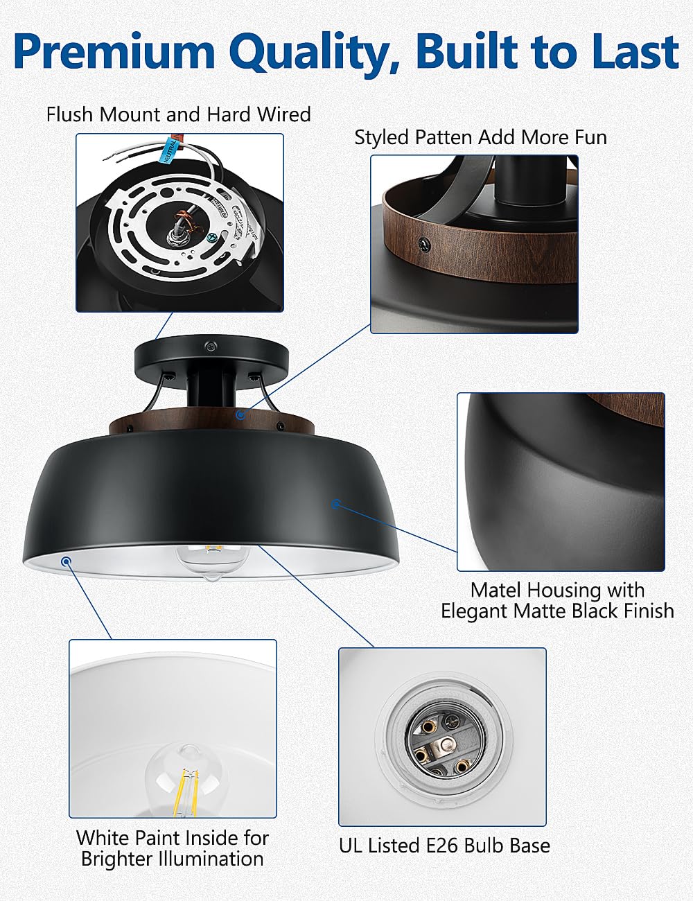 DAKASON Semi Flush Mount Ceiling Light Fixture, Vintage Close to Ceiling Light, Matte Black Farmhouse Ceiling Lamp for Kitchen Hallway Entry Living Room Bedroom, E26 Base
