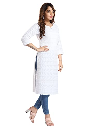 QUEEN SHIELD Women's Chikan-Kari Long Knee Length Kurti(White)(L)(40White9999)