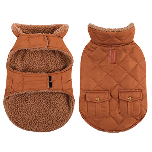 Queenmore Warm Dog Coat, Cold Weather Puffer Dog Coat, Quilting Winter Dog Jacket Ultra Thick Plush Lining with Storage Pockets (Brown, Large)