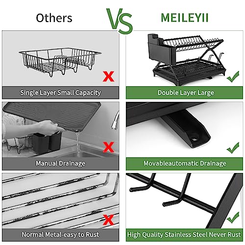 Dish Drying Rack Dish Rack for Kitchen Counter,Dish Racks for Kitchen Counter,Rustproof X-Type Utensil Holder,with Drain Board Wine Glass Holder Utensil Holder, 2Tier Multifunctional Dish Rack