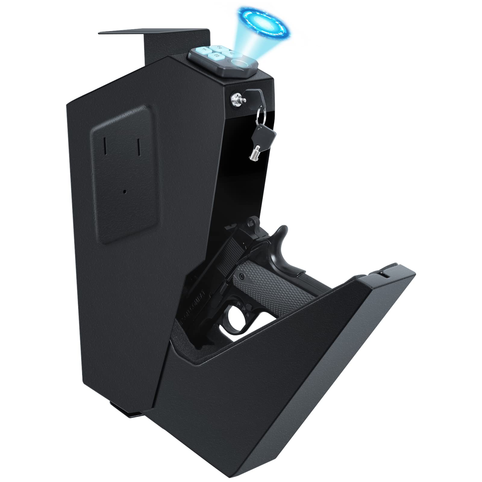 Dalmbox Mounted Fingerprint Gun Safe for Pistols, Auto Open Lid Biometric Pistol Safe, California DOJ Certified Quick Access Handgun Safe for Nightstand with Digital Keypad & 2 Emergency Keys Black
