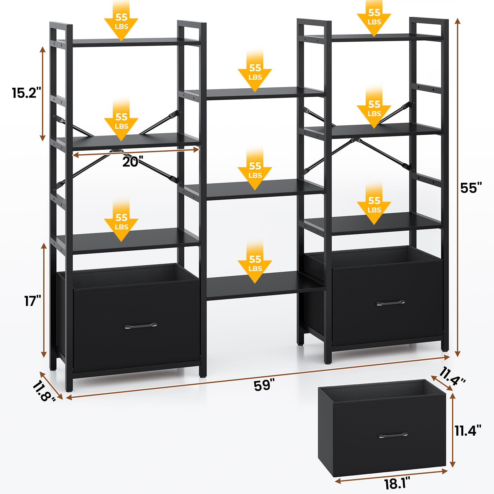 Itaar Triple 4 Tier Bookshelf with Drawers, Bookcase with Open Display Shelves, Industrial Wide Book Shelf with Metal Frame for Living Room, Office, Kitchen, Black