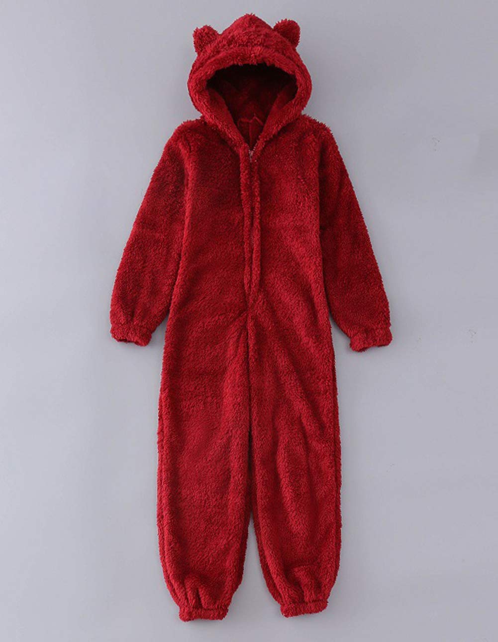 chouyatou Women's Ultra Comfy Lounge Furry Sherpa Romper Onesie Pajamas Cute Ear Hood (Medium, Red)