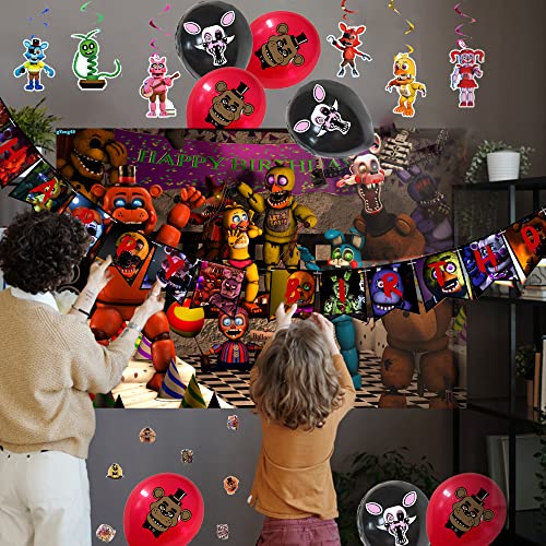 Kikuke fnaf Birthday Party Supplies, 117 Pcs Halloween Party Decorations Includes Backdrop, Cake Topper, Invitation Cards, Happy Birthday Banner, Balloons, Stickers