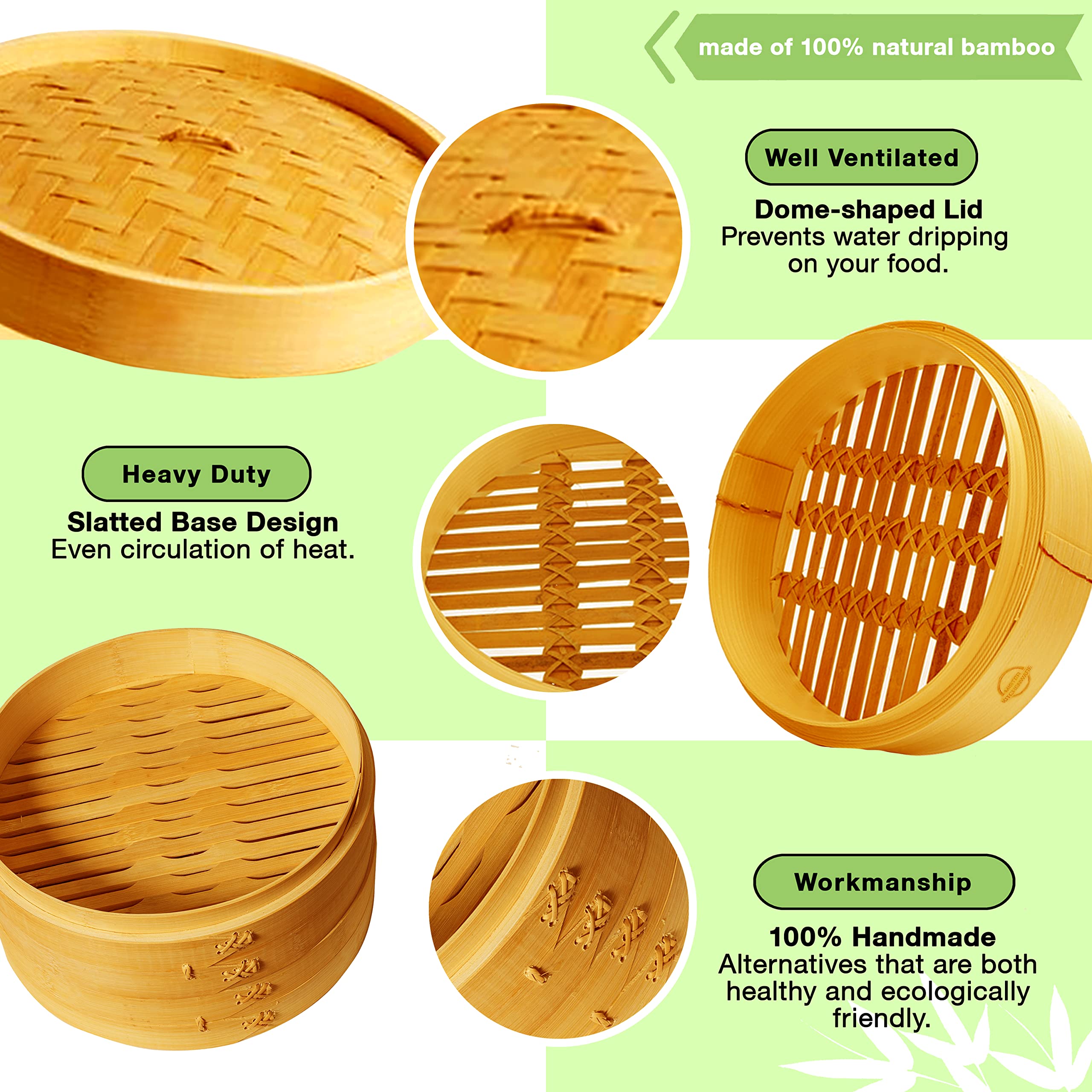 Mister Kitchenware 10 Inch Handmade Bamboo Steamer, 2 Tier Baskets, Healthy Cooking for Vegetables, Dim Sum Dumplings, Buns, Chicken Fish & Meat Included Chopsticks, 10 Liners & Sauce Dish