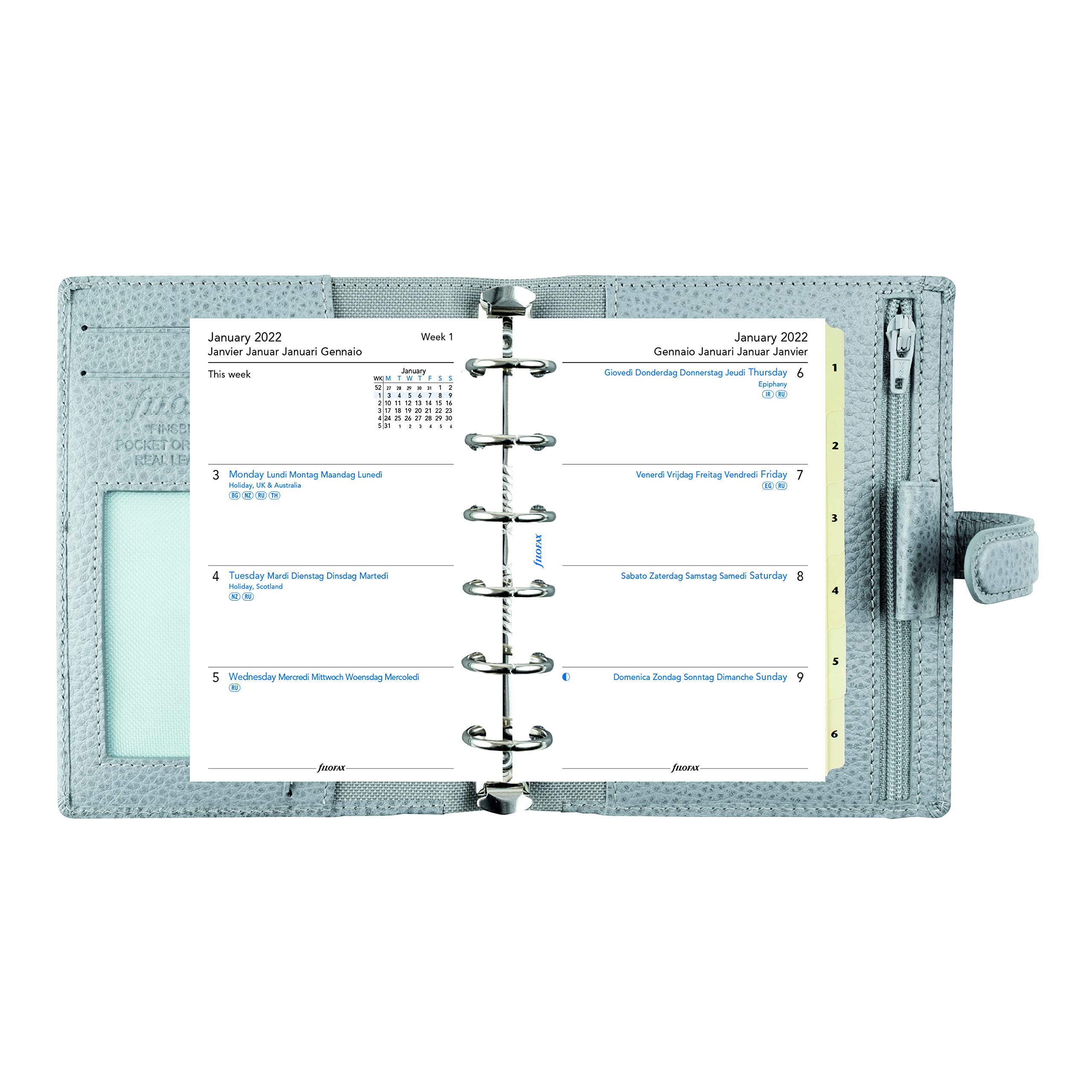 Filofax Finsbury Organizer, Pocket Size, Slate Grey - Traditional Grained Leather, Six Rings, Week-to-View Calendar Diary, Multilingual, 2022 (C029512-22)
