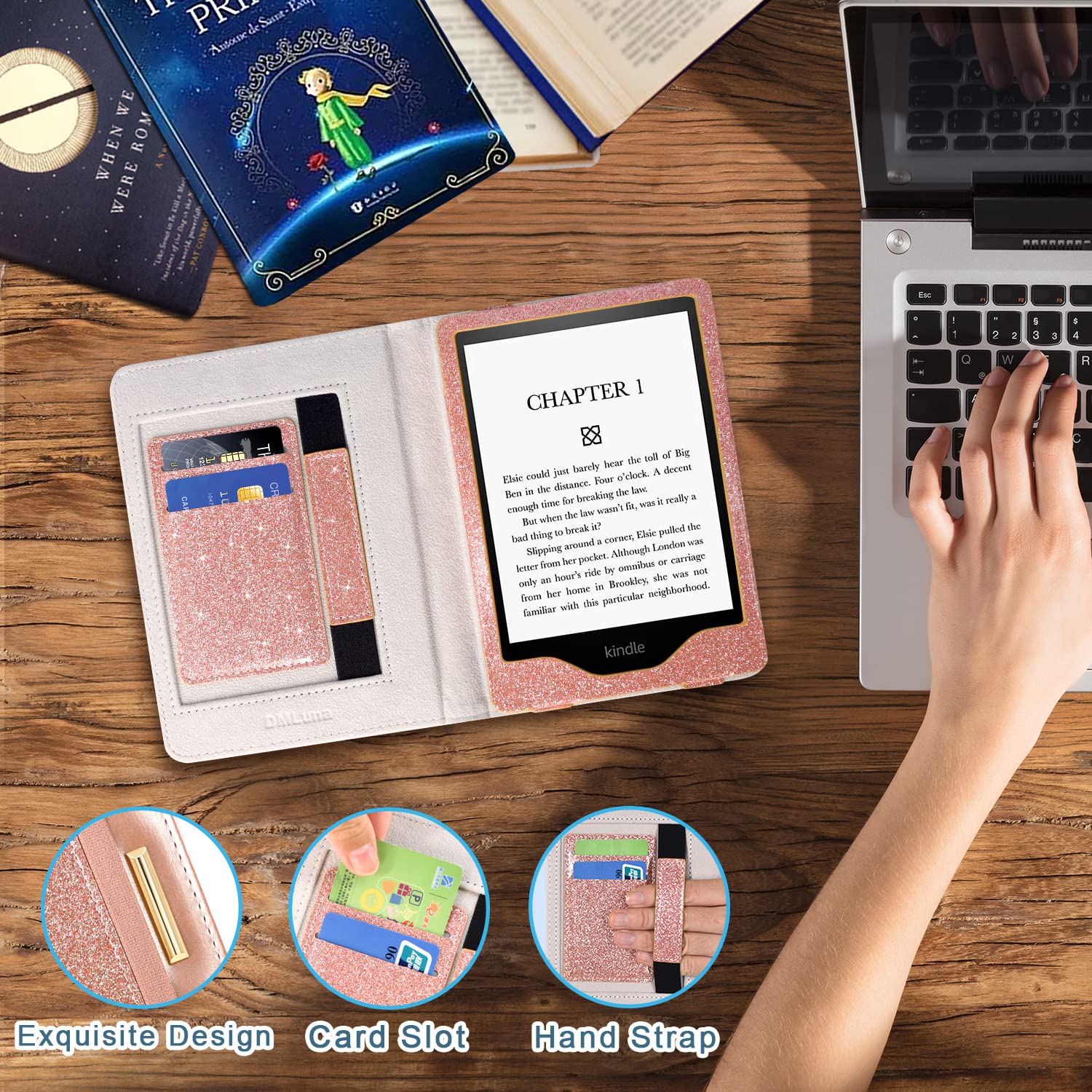 DMLuna Kindle Paperwhite Case, Fits 11th Generation 2021, 6.8”, Smart Protective Durable Premium PU Leather Cover with Auto Sleep Wake, Hand Strap, Card Slots, Magnetic Clasp, Glitter Rose