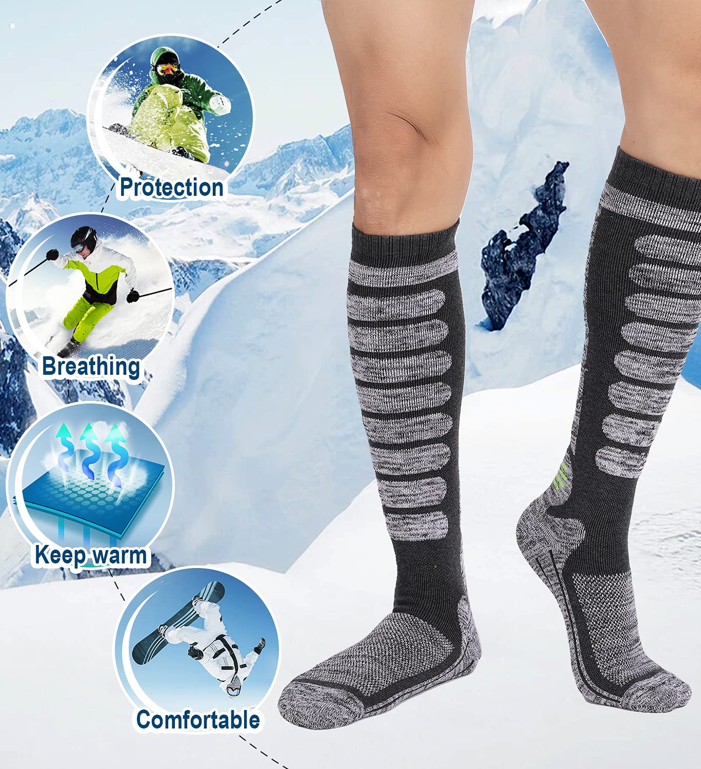 Ekouaer Ski Socks 2 Pairs Pack for Skiing, Snowboarding, Outdoor Sports Performance Socks