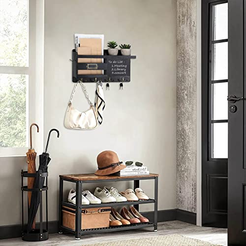 Kanmart Key Hooks for Wall Decorative: Retro Key Hanger with 4 Key Holders, Mail Organizer with Mail Slot, Side Hooks, Magnetic Blackboard & Marker, Black, KM-H01